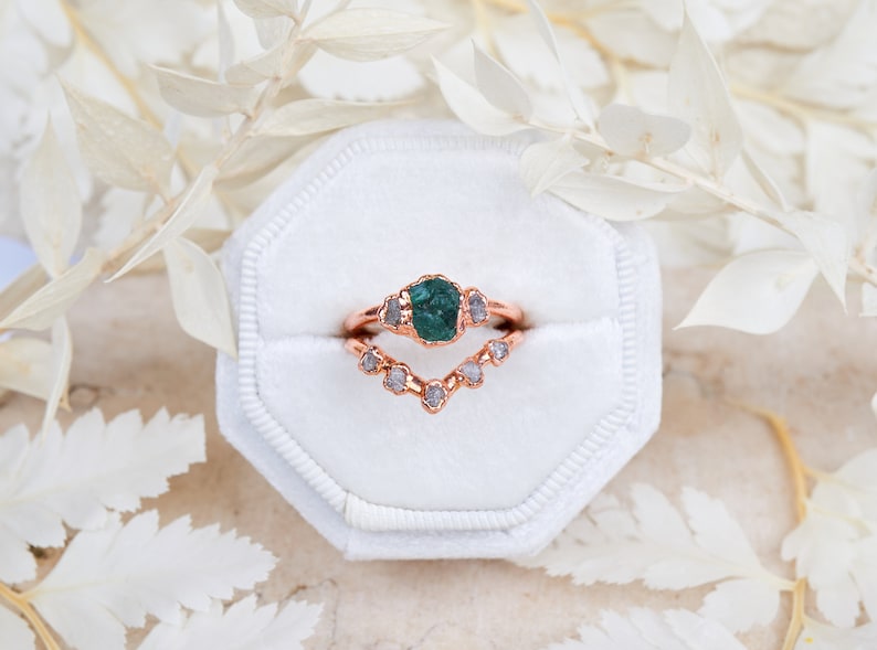 Raw Emerald Ring With Diamonds Raw Crystal Engagement Ring - Etsy