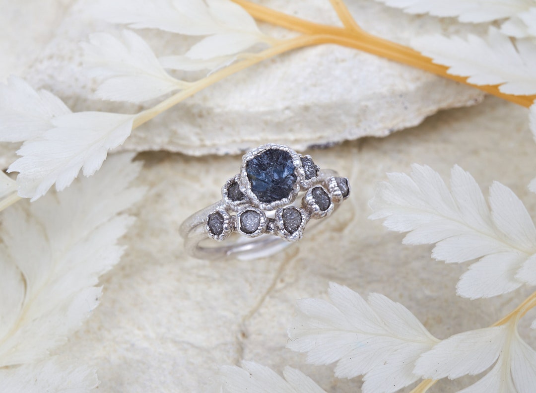 Raw Alexandrite Engagement Ring With Diamond Wedding Band. Unique ...
