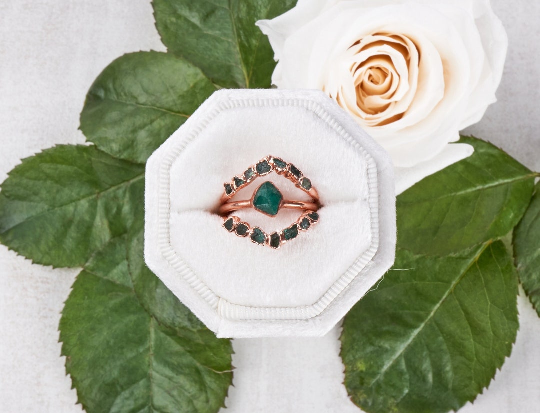 Raw Emerald Ring Set With Ring Enhancer, Alternative Engagement Ring ...