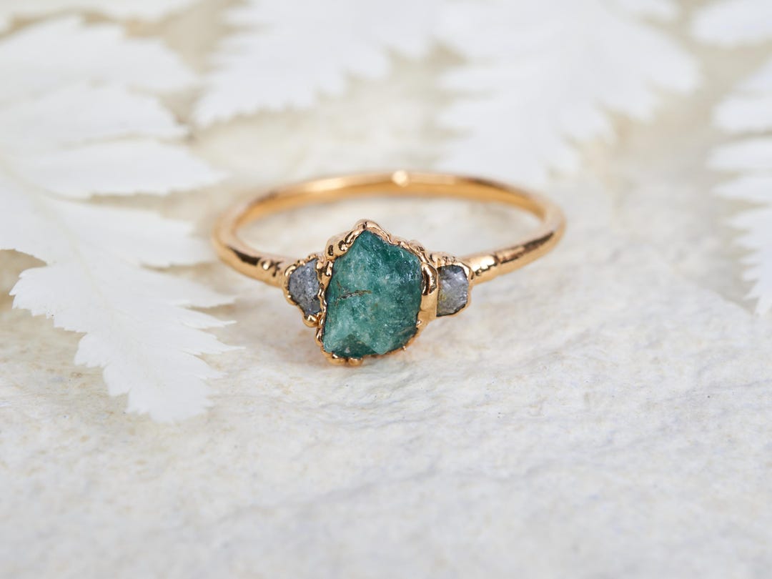 Raw Emerald Ring With Diamonds, Raw Crystal Engagement Ring, Raw Stone Engagement Ring, Uncut ...