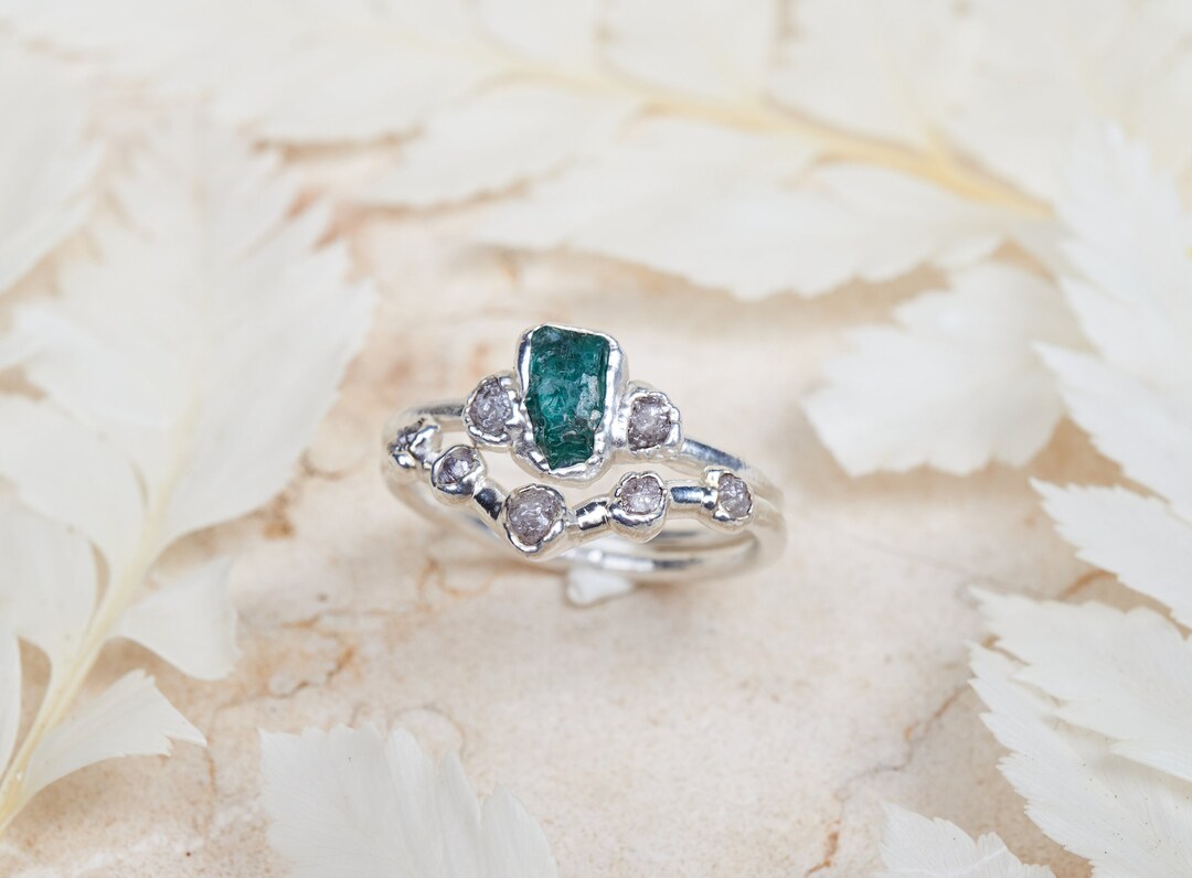 Raw Emerald Ring With Diamonds Raw Crystal Engagement Ring - Etsy
