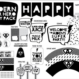 Custom Modern Superhero Party Decor- PRINTABLE PDF- Tags, Sign, Cupcake ...