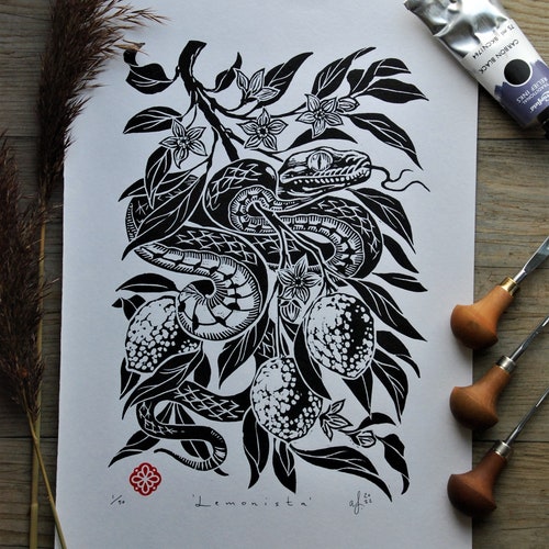 Large Linocut Print Peonies Black and White Block Print - Etsy