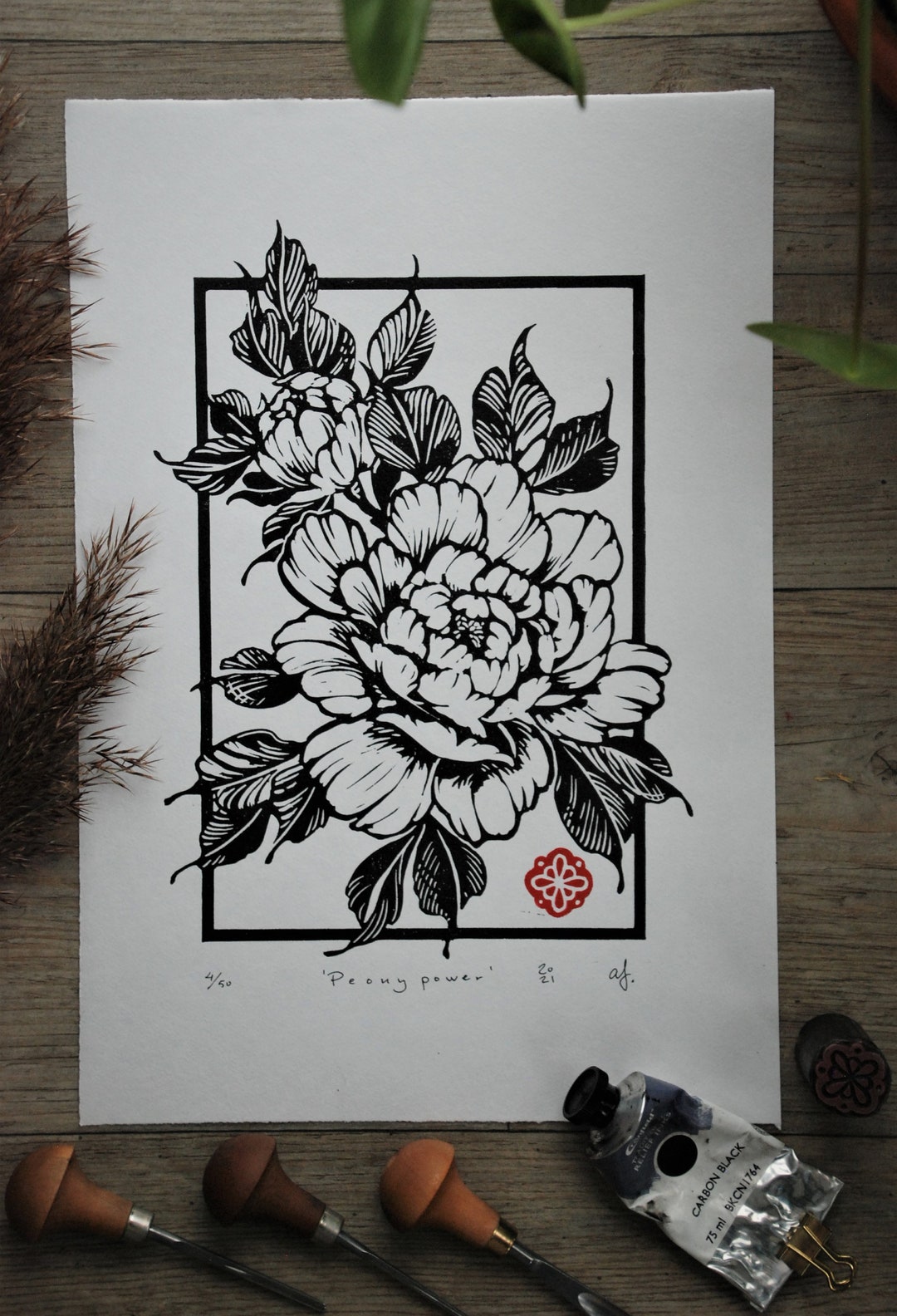 PEONY POWER - Handmade Block Print - Linocut - Etsy