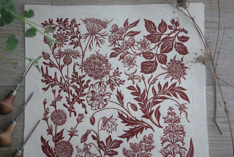 GOTLANDS BLOMMANDE VÄGKANTER dark Red Handmade Block Print - Etsy