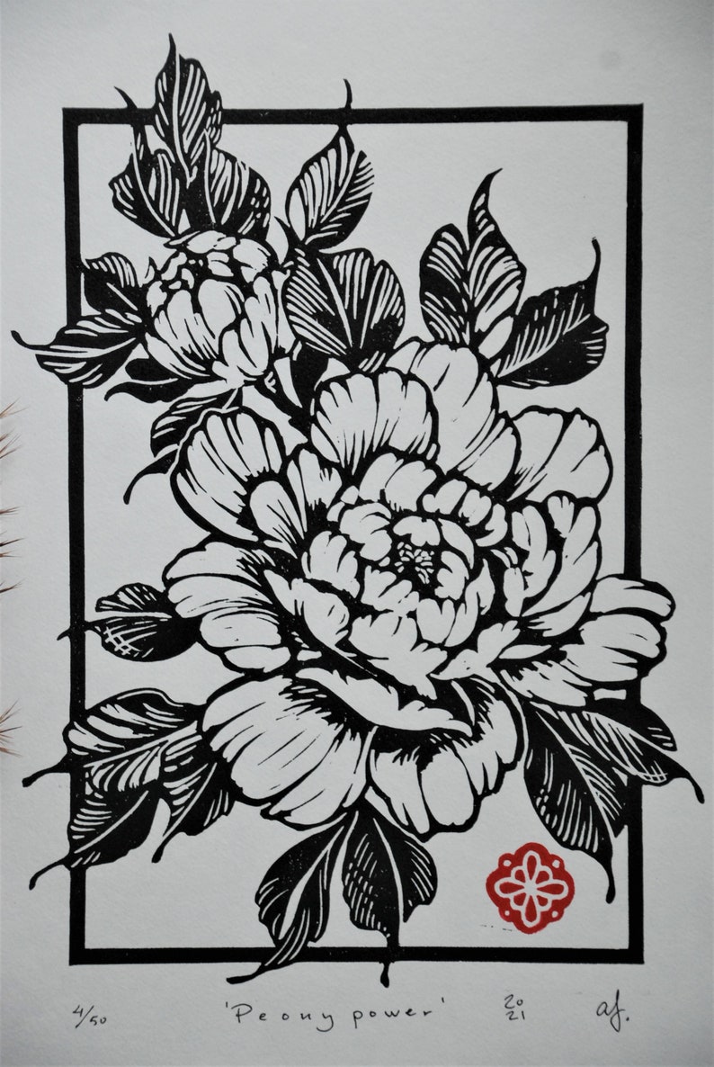 PEONY POWER Handmade Block Print Linocut - Etsy