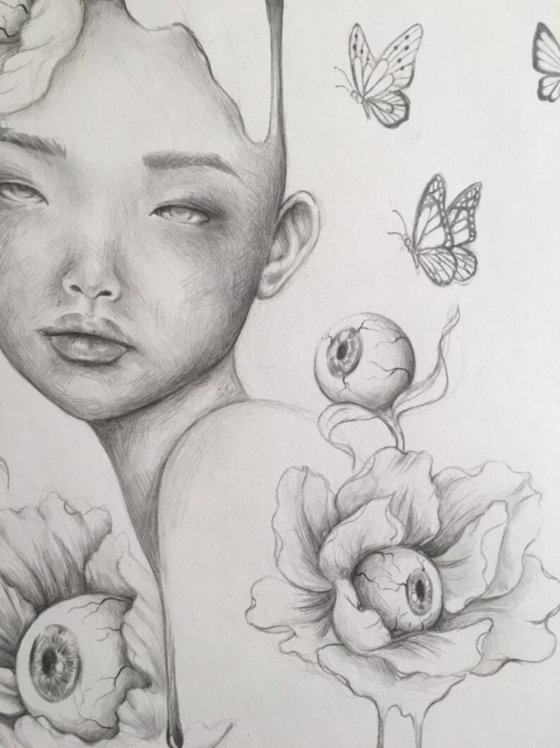 Linggo surreal drawing horror flower Girl with eyeball Wall | Etsy