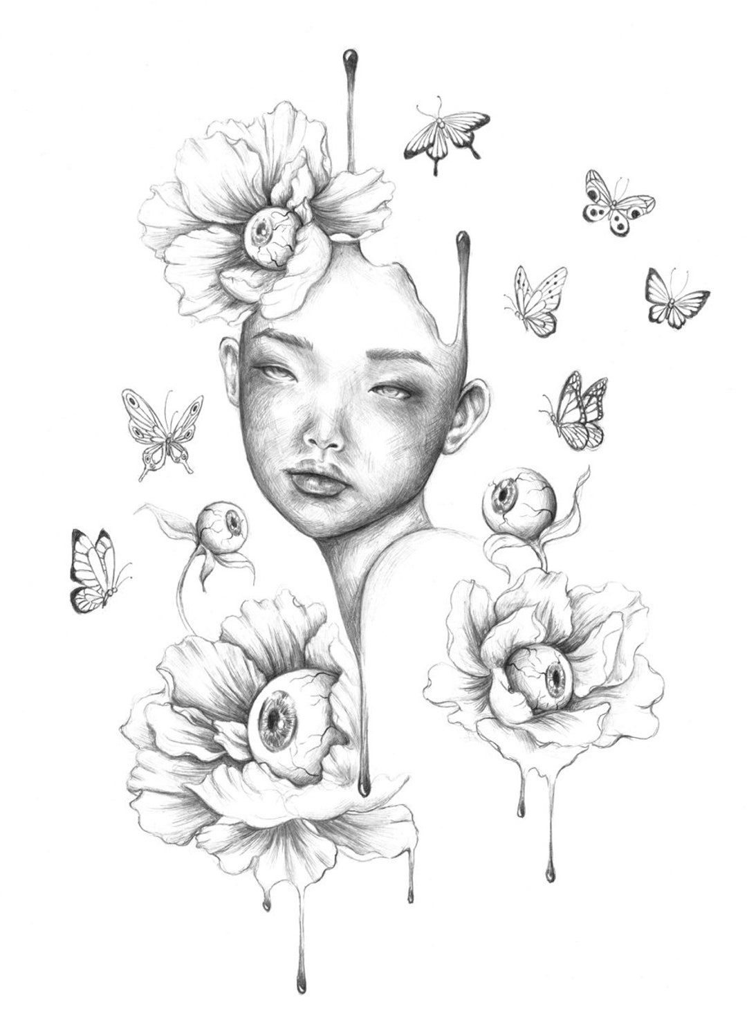 Blossom, Surreal Drawing, Flower Girl With Eyeball Wall Art Wall Decor ...