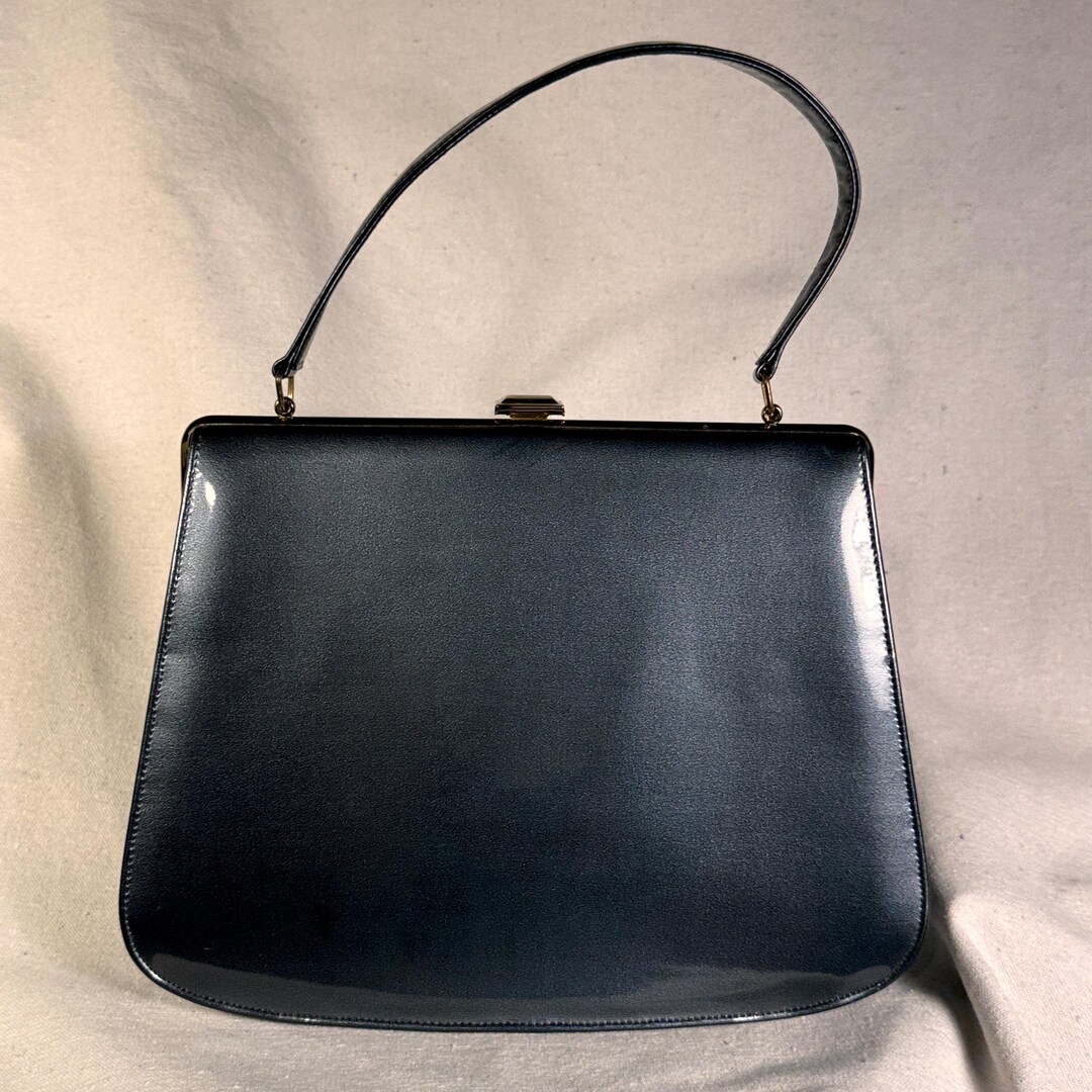 Gorgeous Pewter Gray Faux Patent Leather Vinyl Handbag, Vintage Purse ...