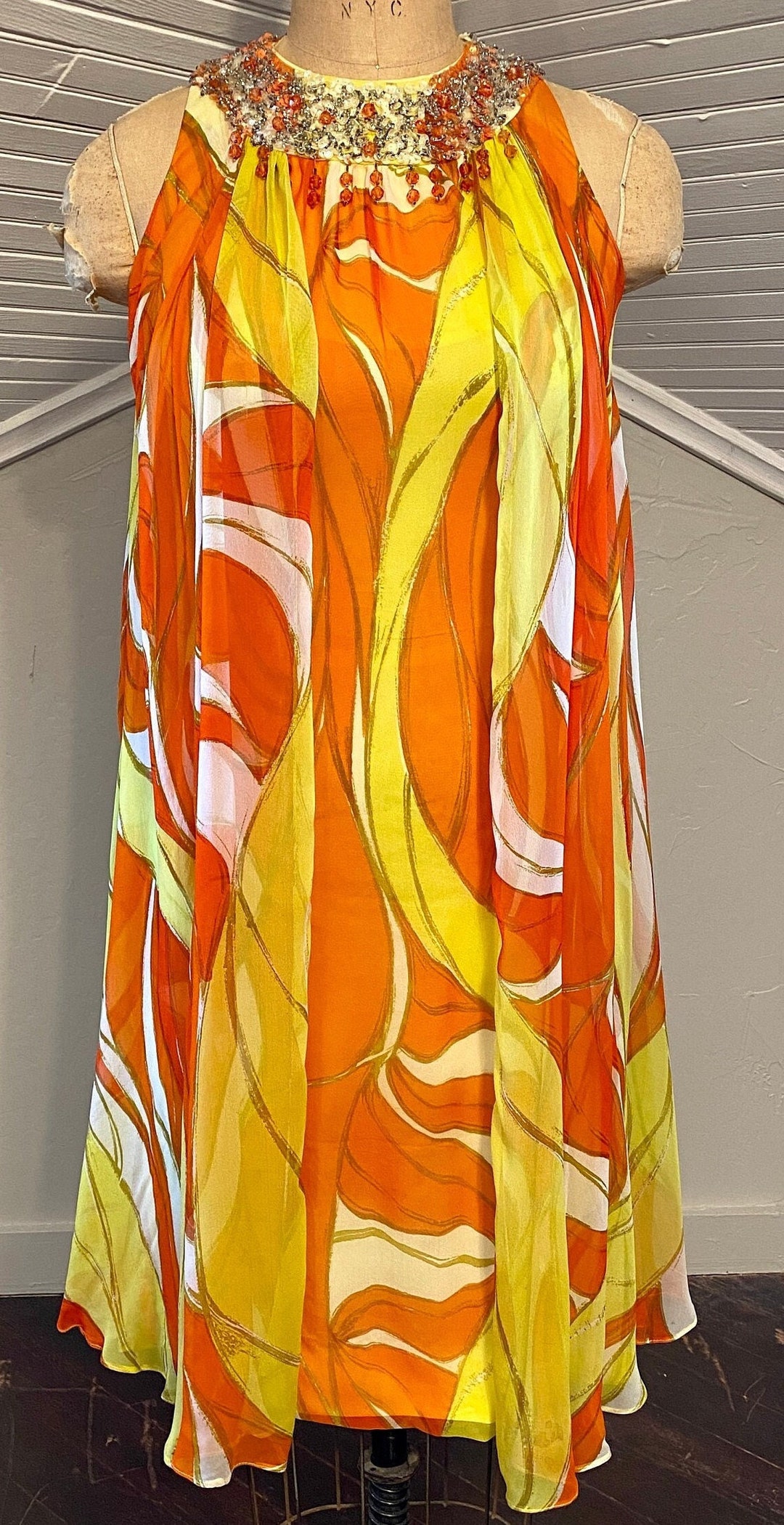 RESERVED Gorgeous 1970s Orange & Yellow Dress With Beaded Neckline - Etsy