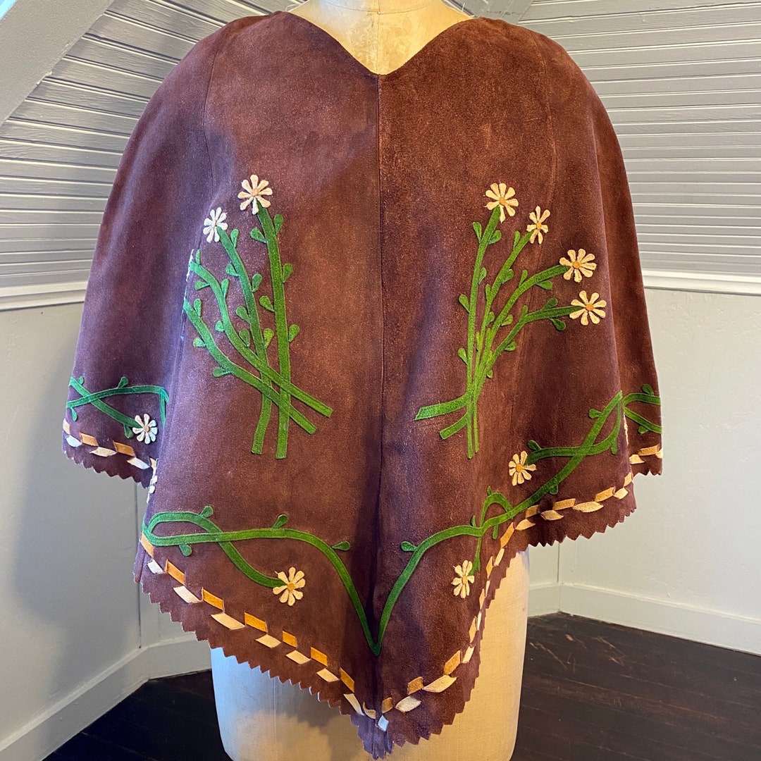 1970s Daisy Appliqué Suede Poncho, Vintage Leather Cape - Etsy
