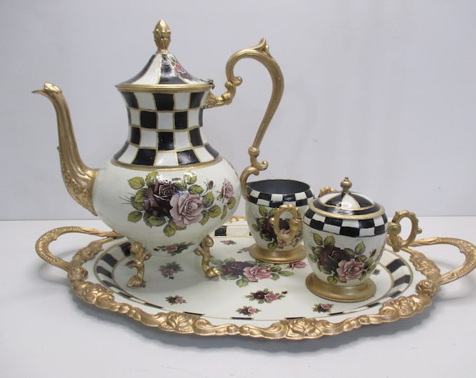 Upcycled Vintage Tea Set, Checkerboard Tea Set , Black White Gold Tea ...
