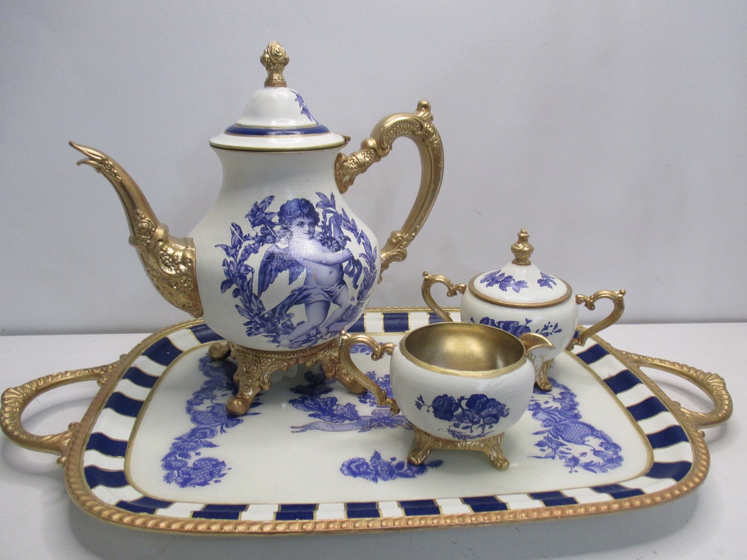 Upcycled Vintage Tea Set, Checkerboard Tea Set , Blue White Gold Tea ...