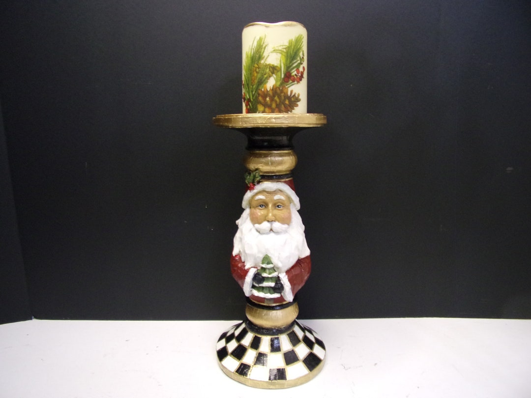 Tall Whimsical Santa Claus Candleholder, Black White Checks ...