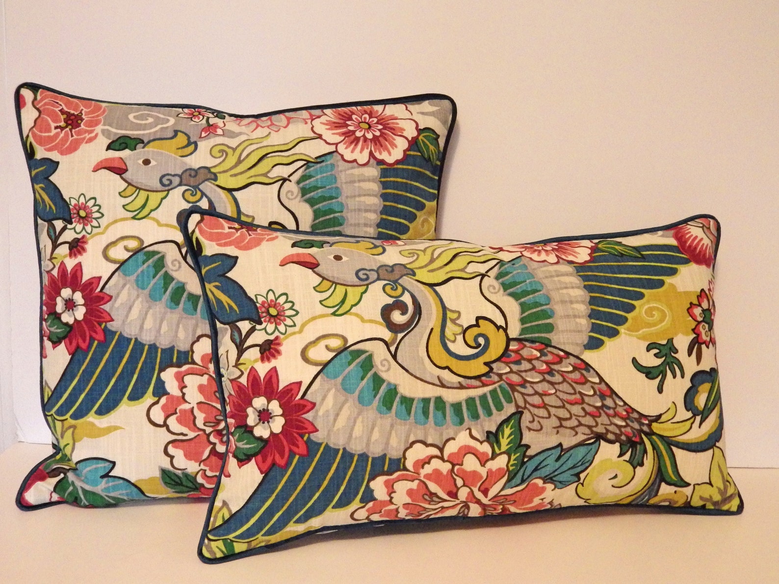 Lushan Garden Whimsical Pillow Cover- Teal-multicolor -phoenix Bird ...