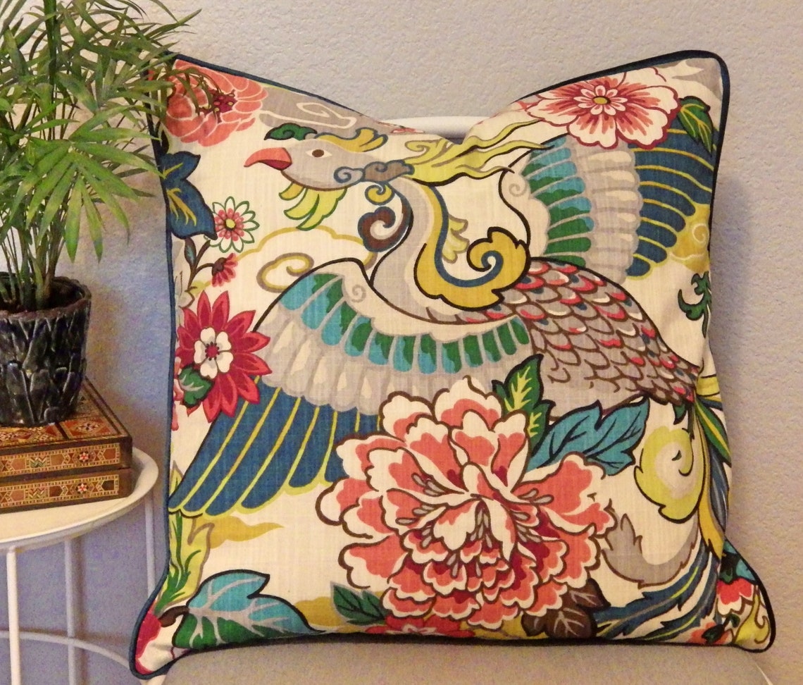 Lushan Garden Whimsical Pillow Cover- Teal-multicolor -phoenix Bird ...