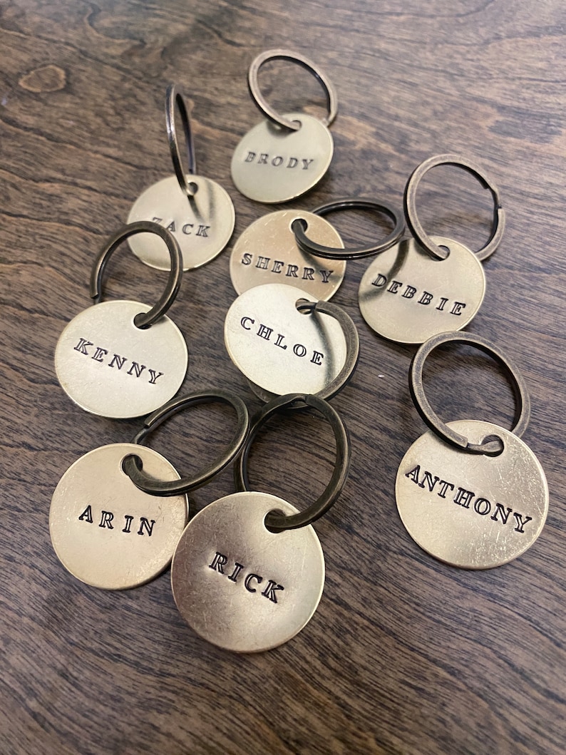 Simple Name Keychain Tags - Hand Stamped - Gold Colored Brass - Mark ...