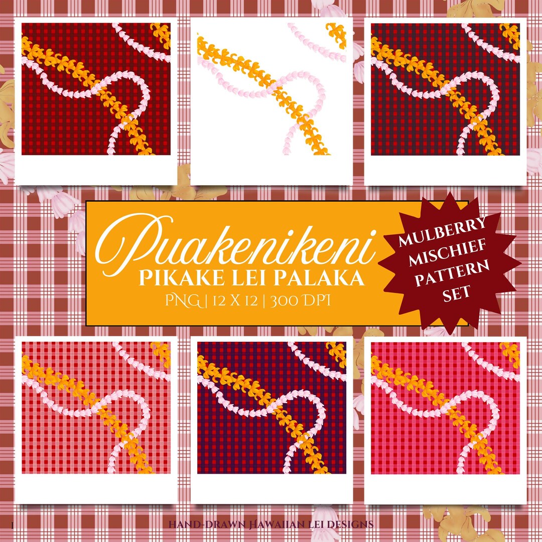 Seamless Puakenikeni Pikake Palaka Pattern Pack, Hawaiian Hand-drawn ...