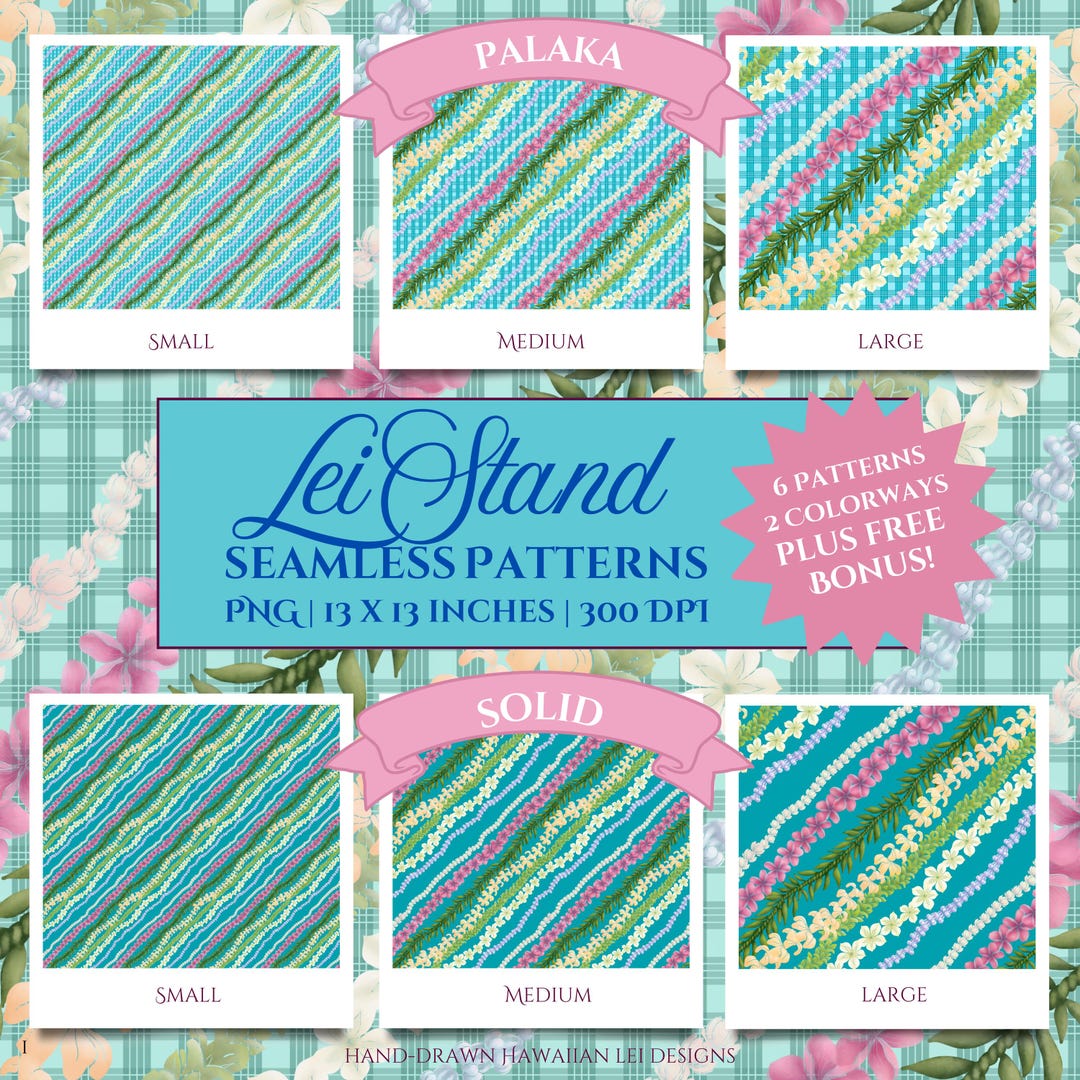 Seamless Palaka Pattern Pack, FREE Bonus, Hawaiian Hand-drawn,printable ...