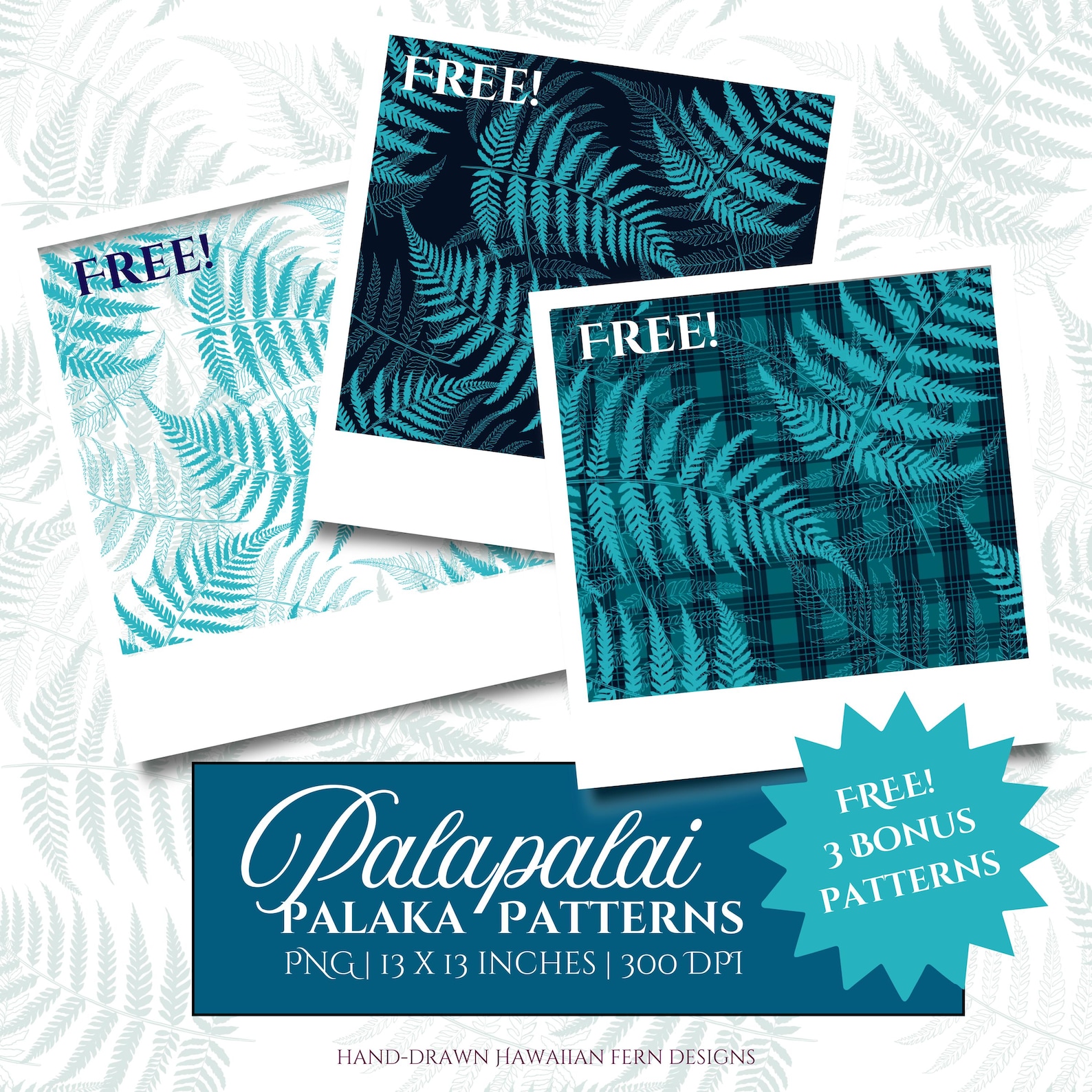 Hawaiian Palaka Fern Pattern Pack: Hand-drawn Tropical PNG (digital ...