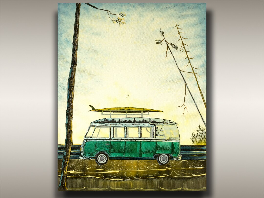 VW Bus Painting - 16"x20" Oil on Canvas Beach Landscape for Surfers ...