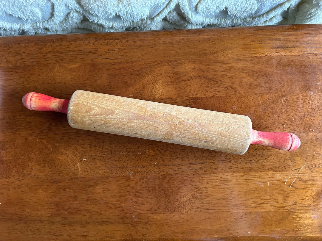 Vintage Wood Rolling Pin Red Handles - Etsy