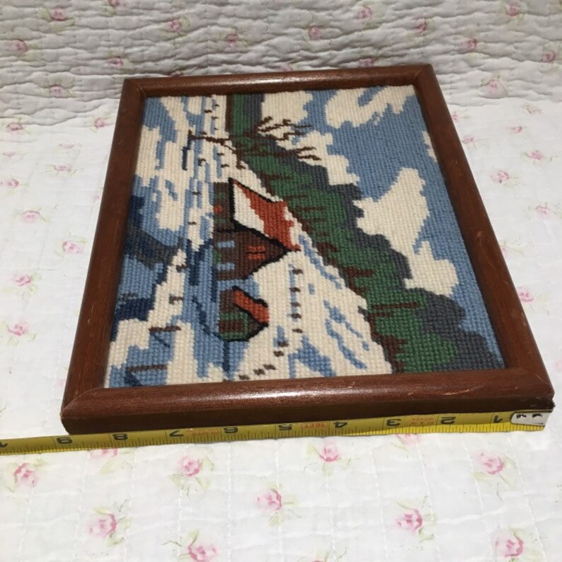 Vintage 10.75x8.75 Needlepoint Picture Cottage Log Cabin in the Woods ...