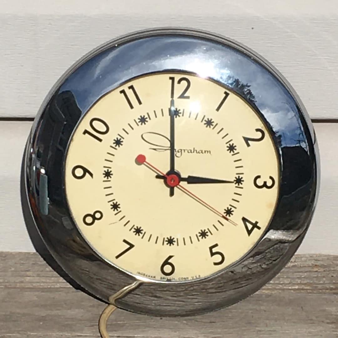 Vintage MCM Ingraham Wall Clock Chrome Round Mid Century Electric ...