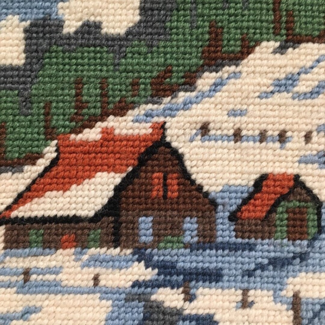 Vintage 10.75x8.75 Needlepoint Picture Cottage Log Cabin in the Woods ...