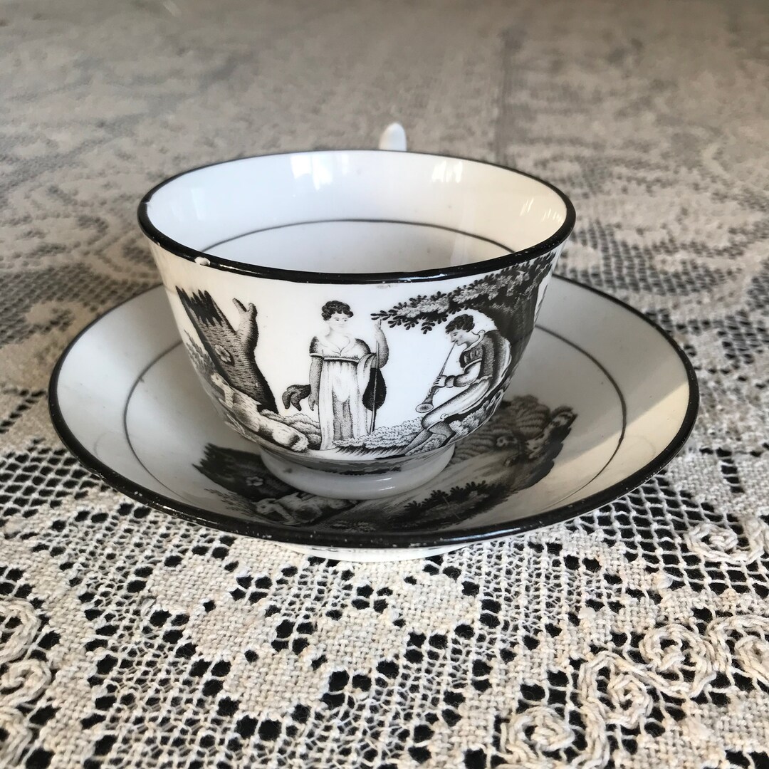 Antique 1700’s Bat-print Cup Saucer Teacup New Hall Vintage Porcelain ...