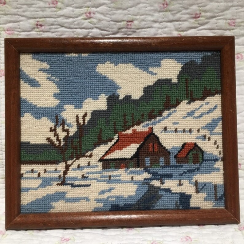 Vintage 10.75x8.75 Needlepoint Picture Cottage Log Cabin in the Woods ...