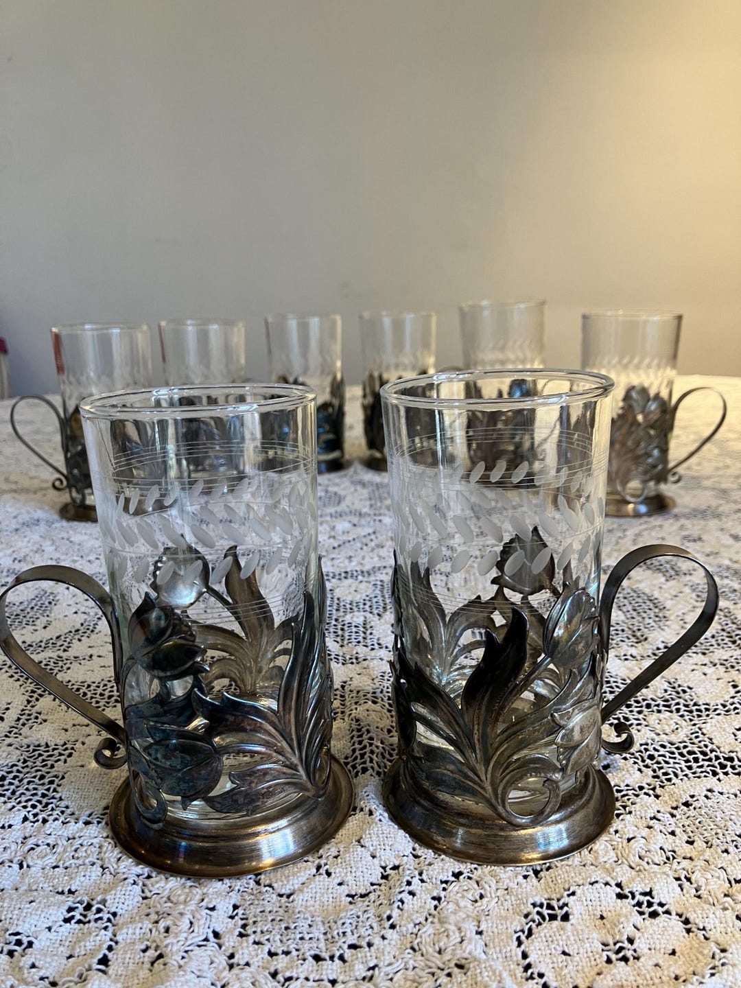 Lot Set of Eight Art Nouveau Silverplate Polish or Russian Tea Glass ...