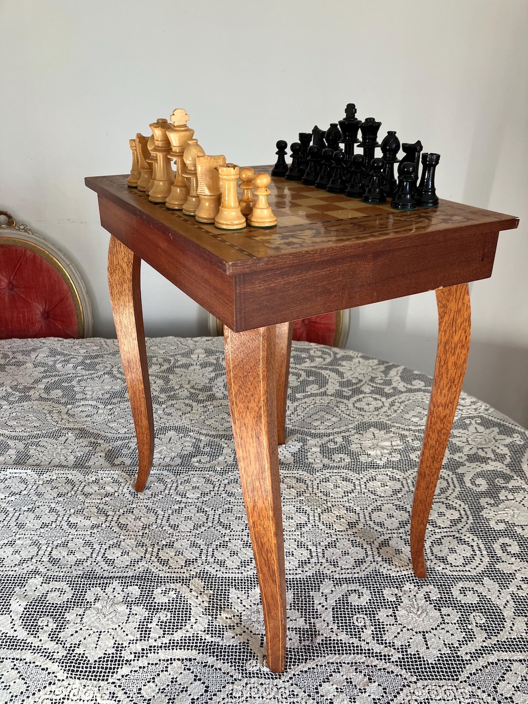 Vintage Mid Century Small Chess Table Carved Wooden Pieces Music Box ...