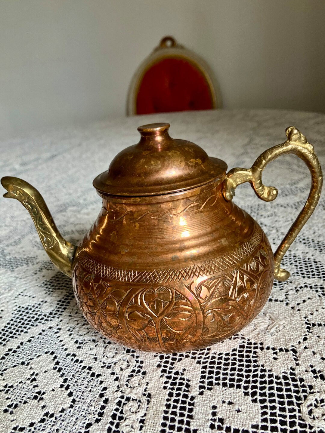 Vintage Small Copper Brass Teapot Snake Spout Shabby Tea Pot Engraved Flowers Floral Metal ...