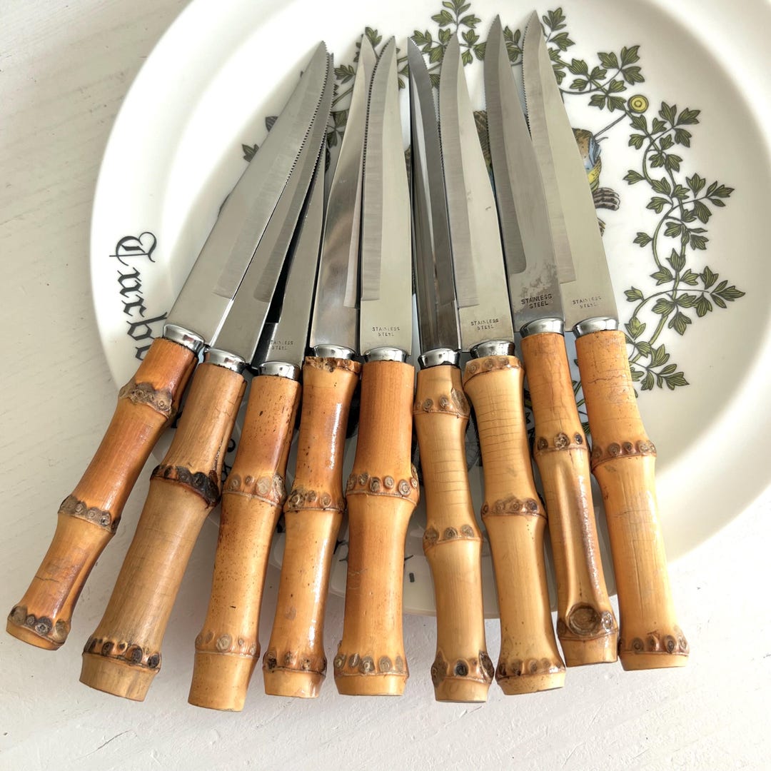 Vintage Bamboo Handle Steak Knives Set Elegant Boho Flatware for Eco ...
