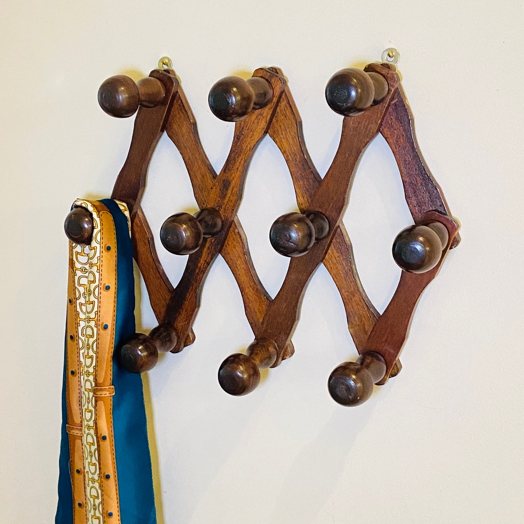 French Expandable Wood Coat Rack With 10 Pegs, Vintage Harmonica Hat ...