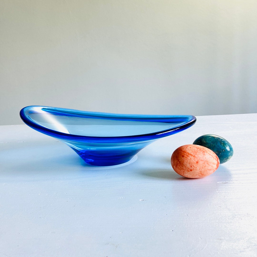 Vintage Murano Blue Glass Oval Bowl Italian Art Glass Decorative Hand ...