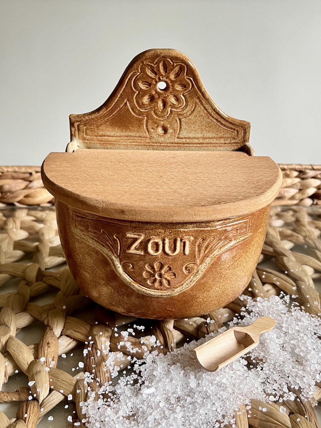 Vintage Ceramic Salt Box With Lid and Salt Scoop, Salt Cellar, Kitchen ...