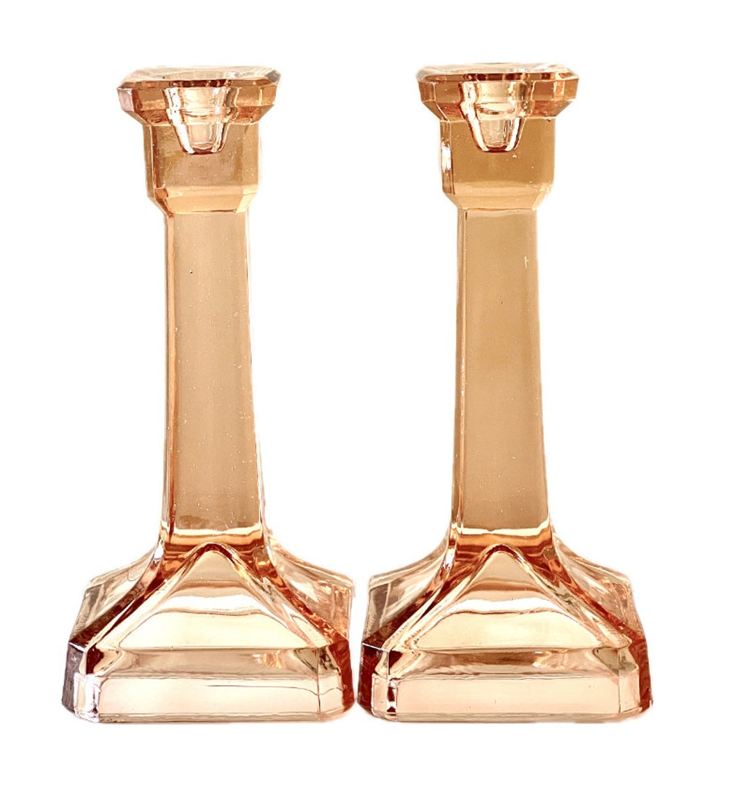 Art Deco Pink Glass Candlesticks Pair Geometric Shape 1920s-30s Candle ...