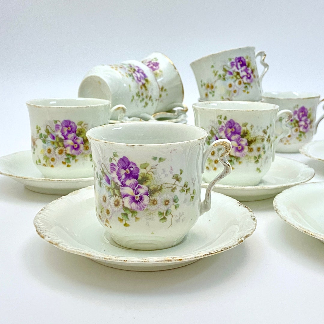 Antique Set of 10 Victorian Tea Cups and Saucers, Porcelain Tea Set ...