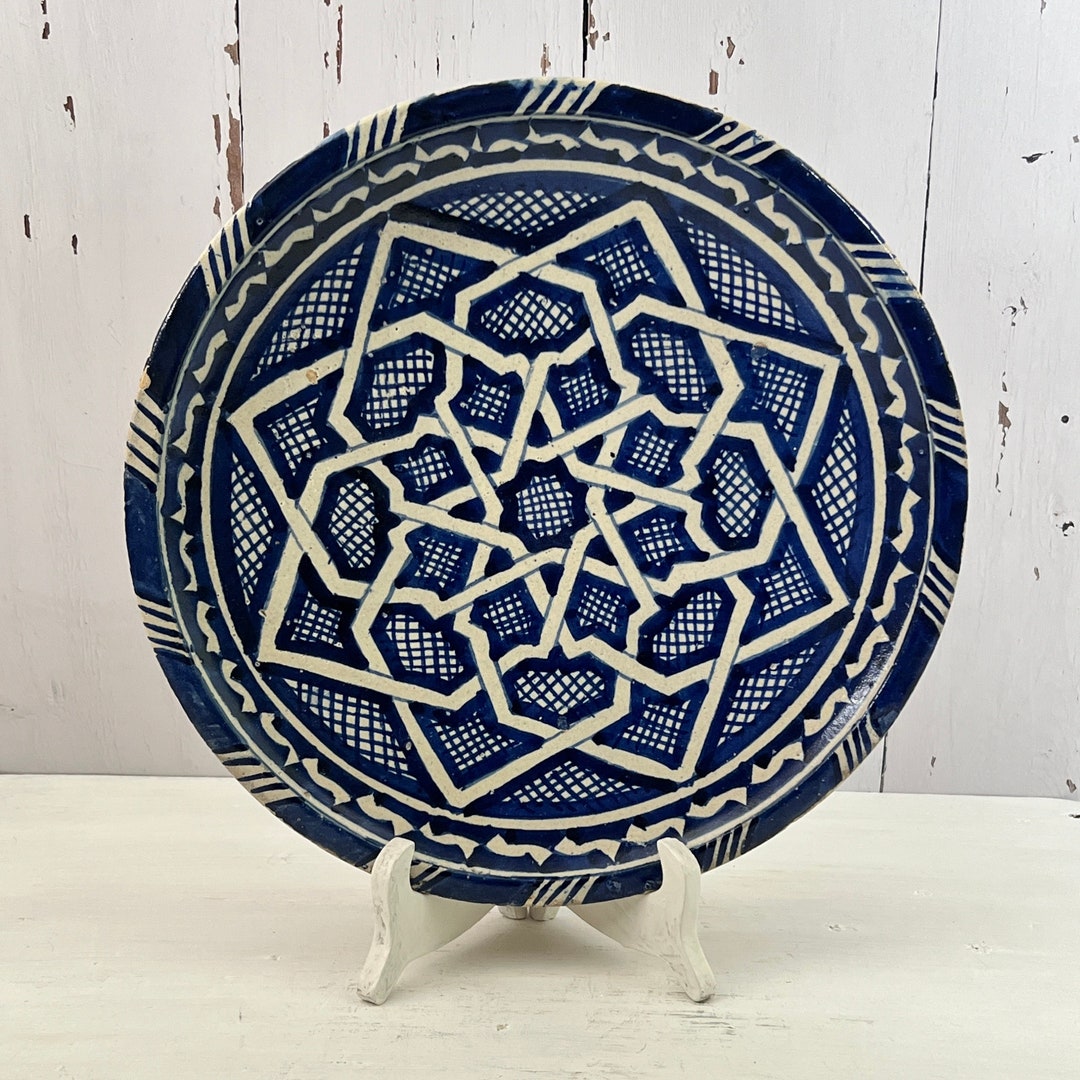 Vintage Moroccan Platter, Blue Traditional Fez Pottery Plate, Artisanal ...