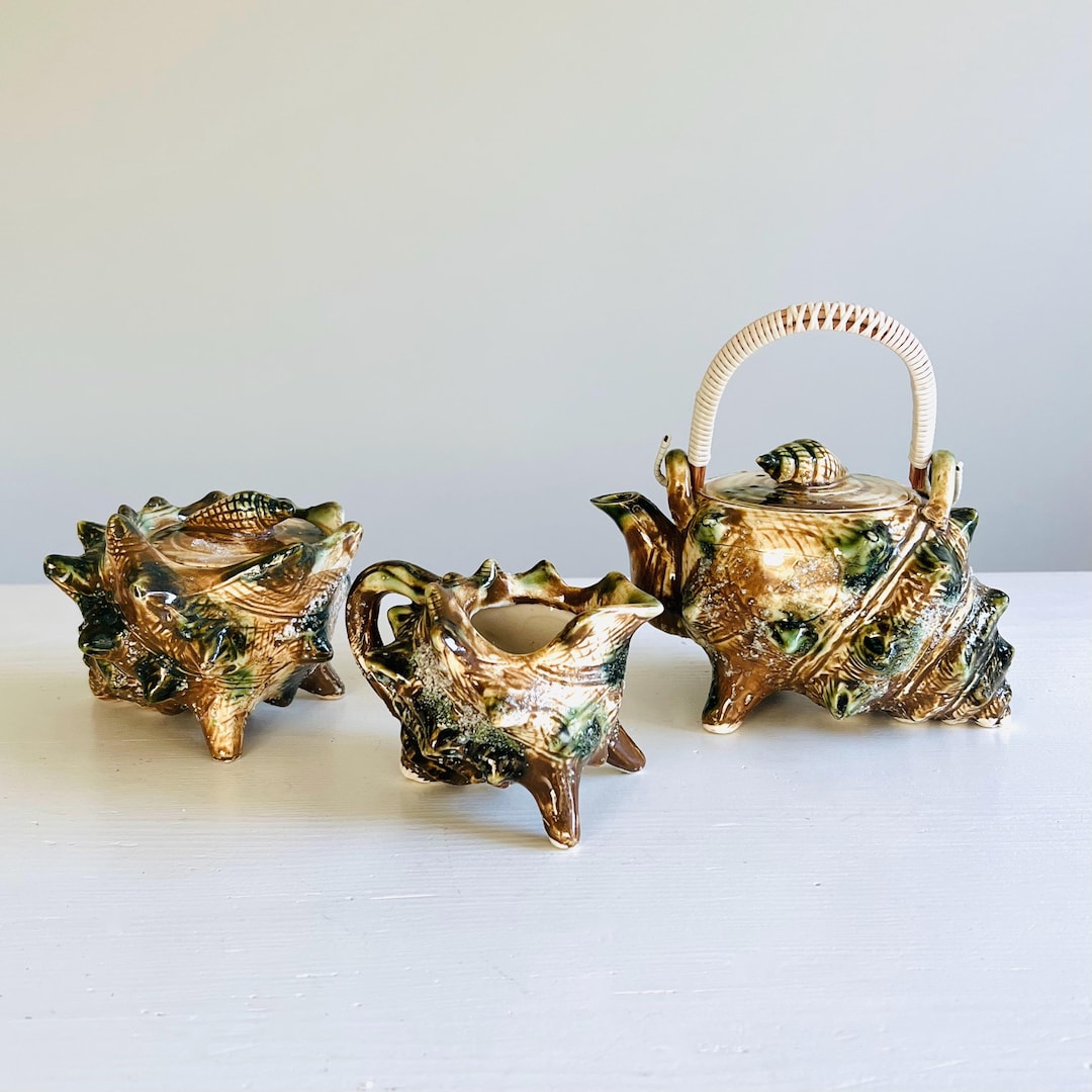 Vintage Majolica Shell Tea Set, Teapot Sugar Bowl Milk Jug Conch Oyster ...