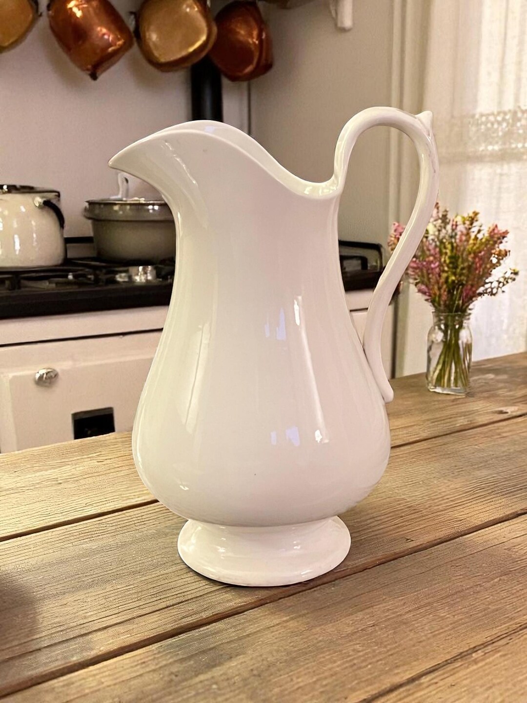 Antique White Ironstone Pitcher, Large Creamware Water Jug, Société ...