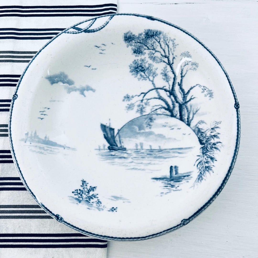 Antique French Gien Marines Low Pedestal Dish, Blue White Serving Dish ...