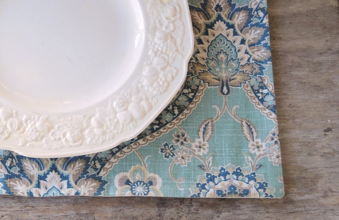 Aqua and Blue Floral Medallion Placemats Set of 4 Linen Placemats Table ...