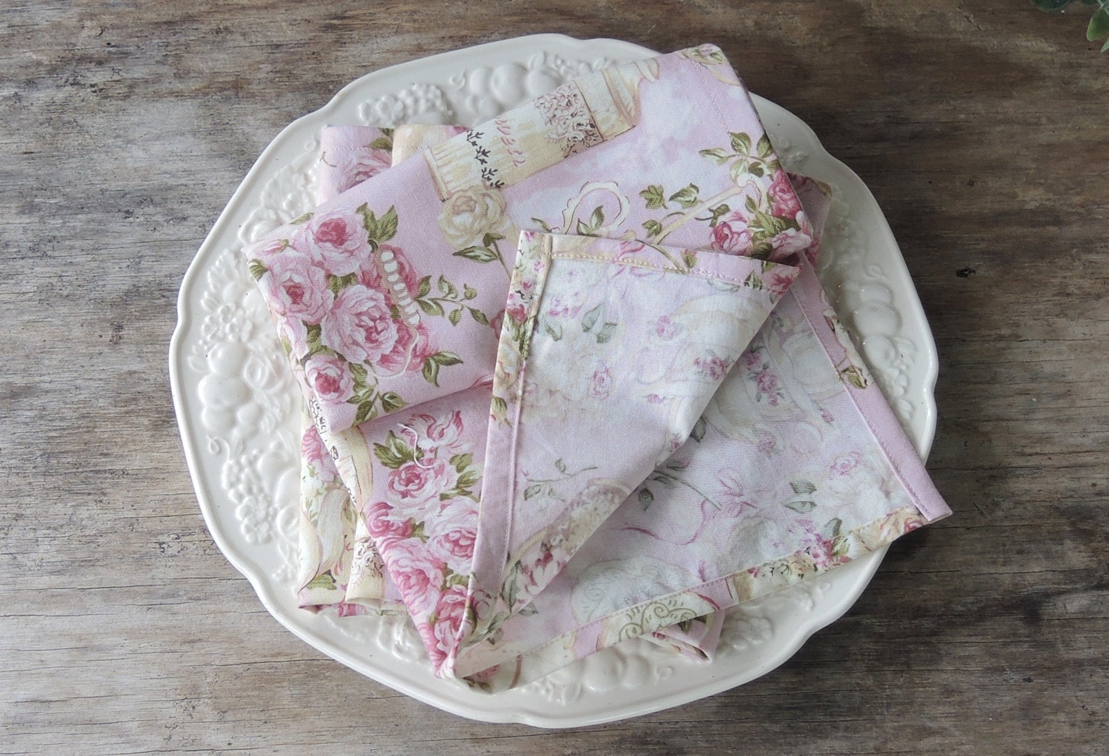 Romantic Pink Floral Cotton Napkins Set of 4 Tea Party Linens Shabby ...