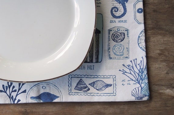 Blue and Cream Nautical Script Placemats Set of 4 Modern Beach - Etsy