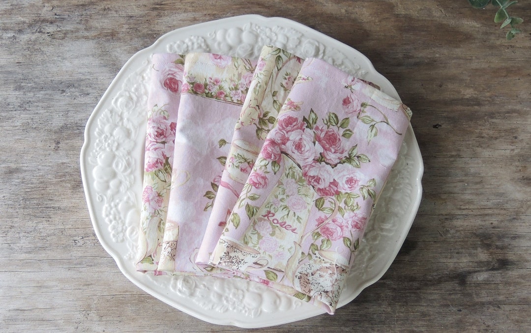 Romantic Pink Floral Cotton Napkins Set of 4 Tea Party Linens Shabby ...