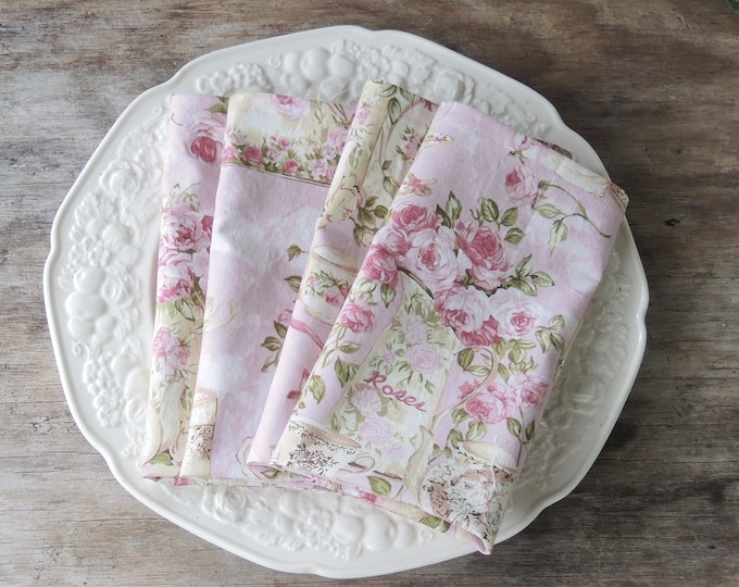 Romantic Pink Floral Cotton Napkins Set of 4 Tea Party Linens Shabby ...