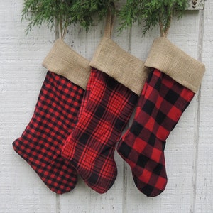 Red Lumberjack Flannel Christmas Stockings With Burlap Cuff Choice 1 of ...